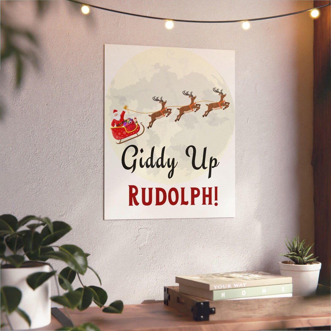 Giddy up Rudolph Art, Santa & Reindeer Under Full Moon, Festive Holiday ...