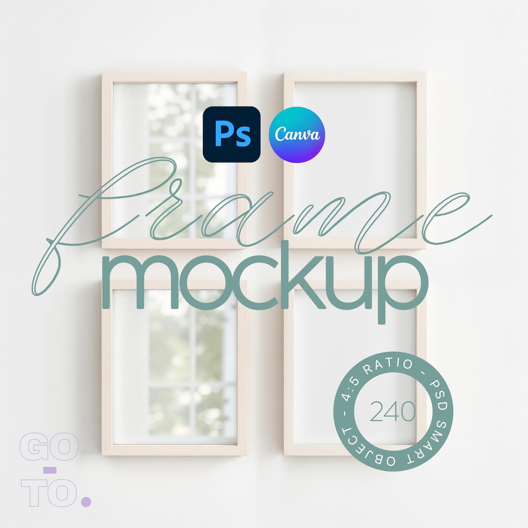 Set of 4 Frames Mockup With Glass Reflection, Gallery Wall Mockup ...