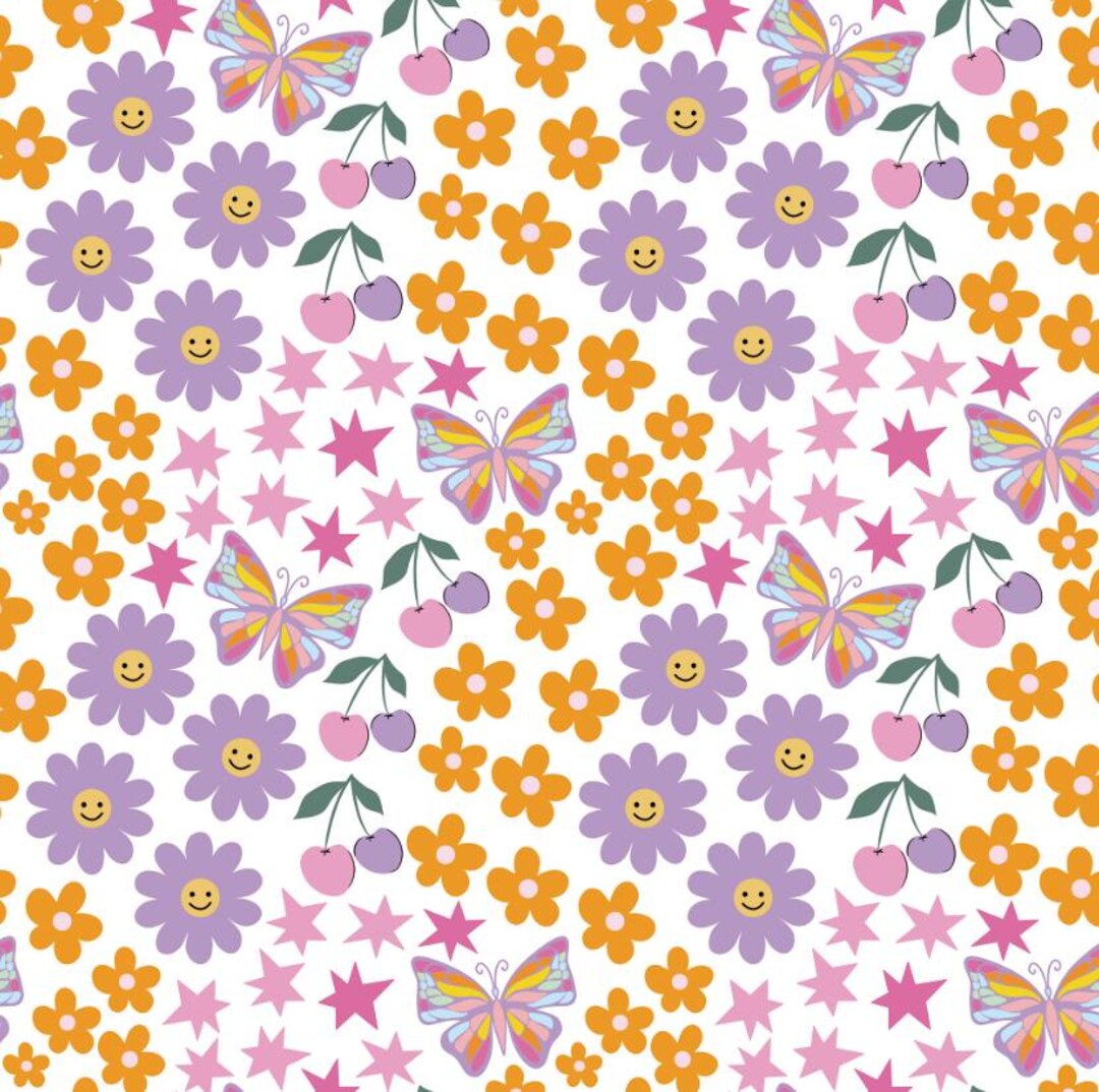 Y2K Aesthetic 90'S Retro Floral Smiley Pattern Pure Cotton Fabric,100% ...