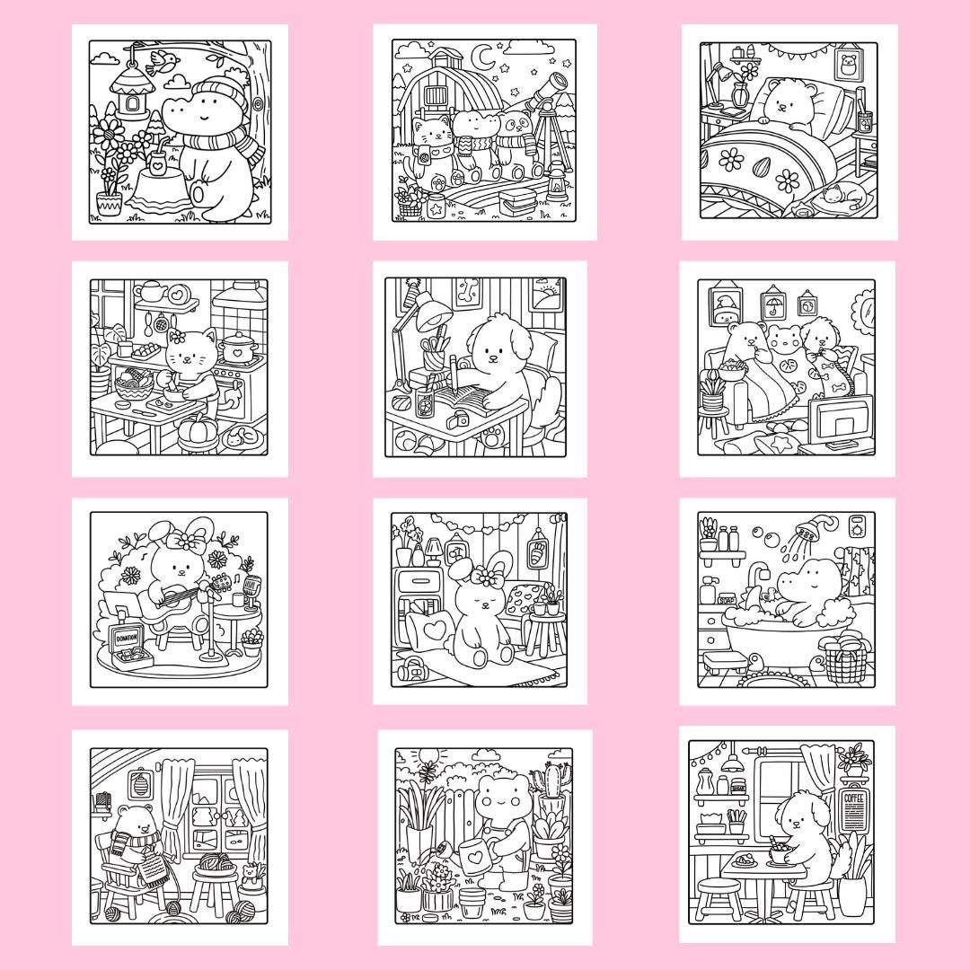 Cute and Cozy Relaxing Coloring Book, Cozy Girly Coloring Pages, Animal ...