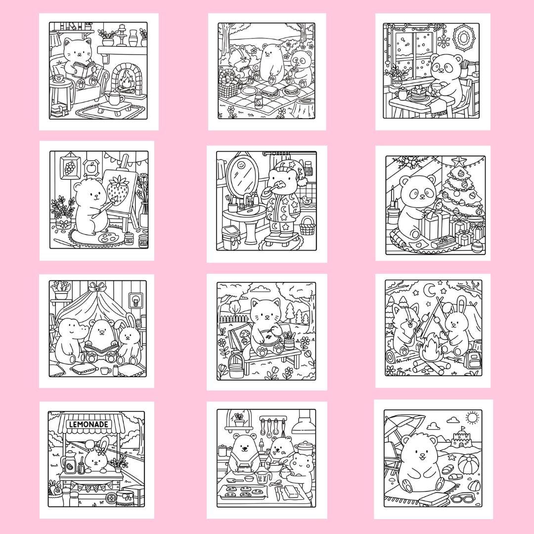 Cute and Cozy Relaxing Coloring Book, Cozy Girly Coloring Pages, Animal ...