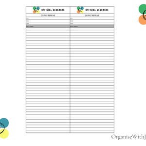 Geocache Log Sheet Download Logsheet Cache Log Printable PDF Excel ...