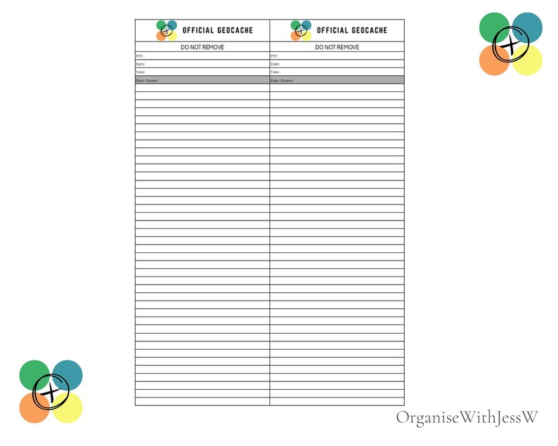 Geocache Log Sheet Download Logsheet Cache Log Printable PDF Excel ...