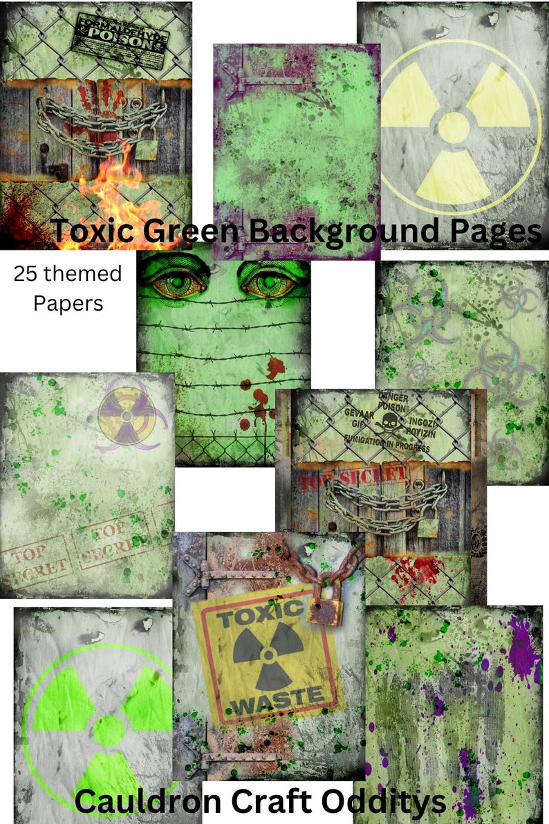 Toxic Green Radiation Background Pages Junk Journal Kit 25 Coordinating ...