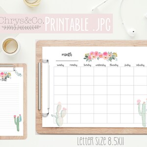 Cactus Floral Watercolor Calendar & to Do List Set 2 Piece Digital JPG ...