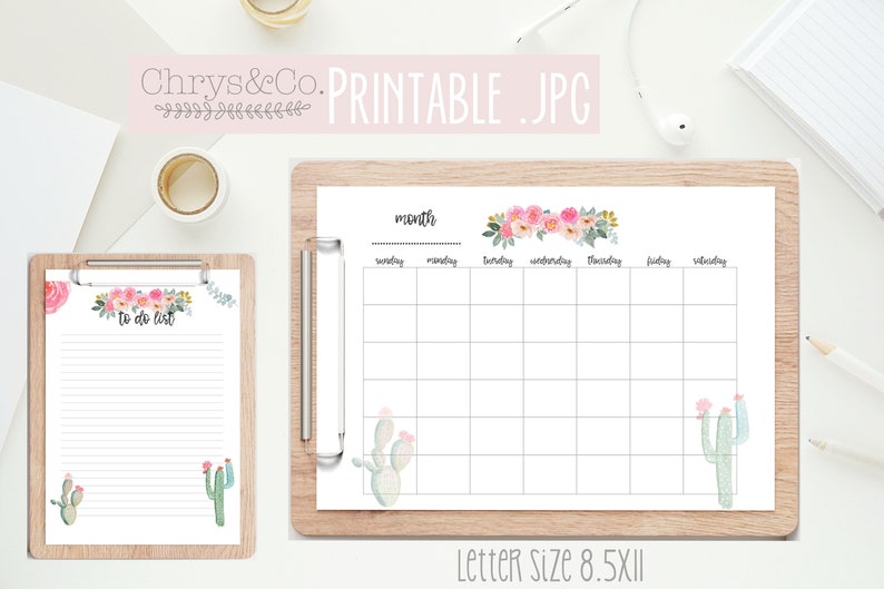 Cactus Floral Watercolor Calendar & to Do List Set 2 Piece Digital JPG ...