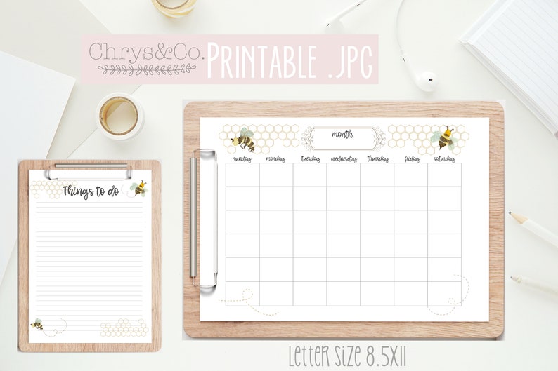 Busy Bee Watercolor Calendar & to Do List Set 2 Piece Digital JPG DIY ...