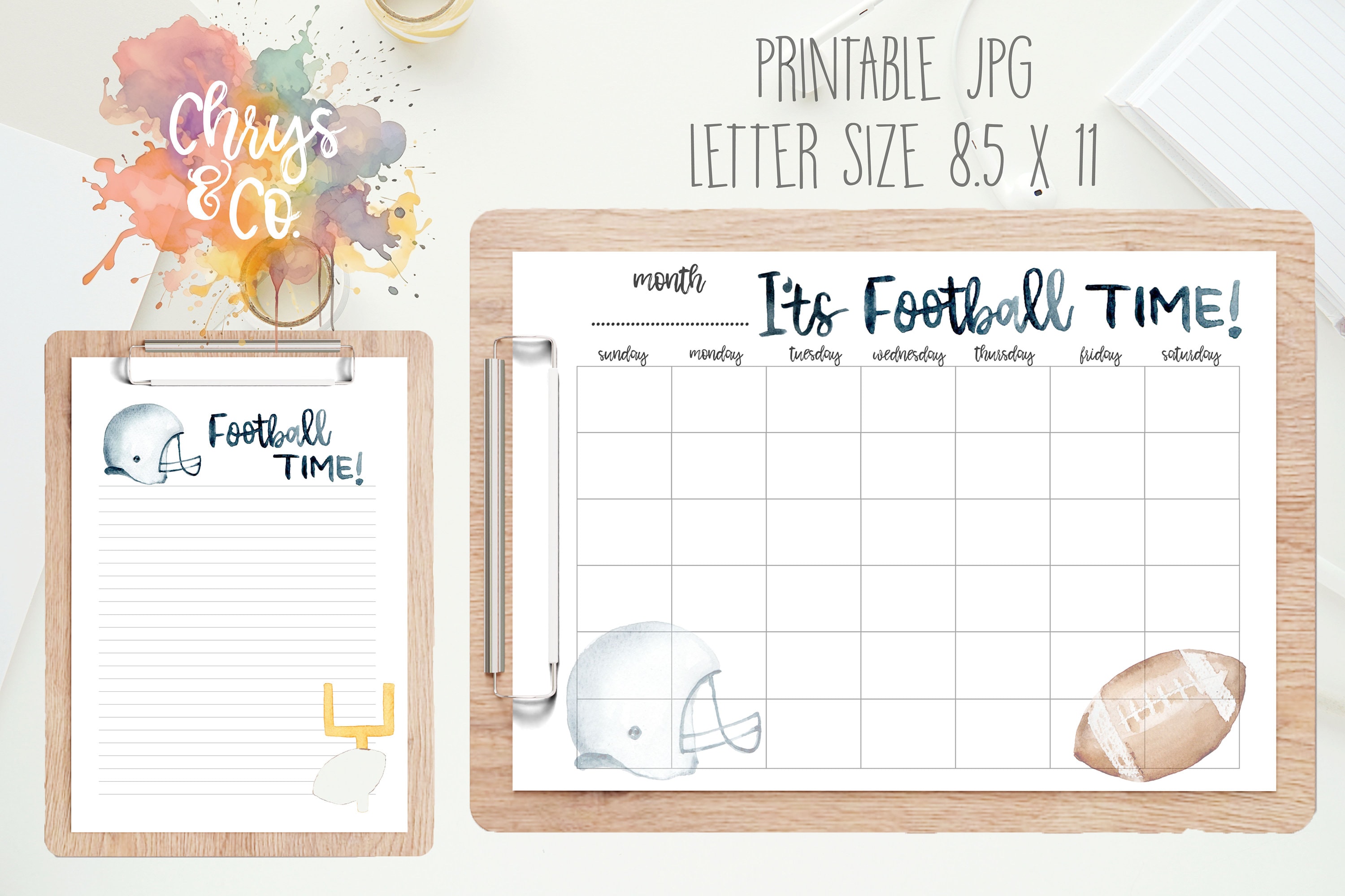 Football Calendar & to Do List Set: Watercolor Printables (digital JPG ...