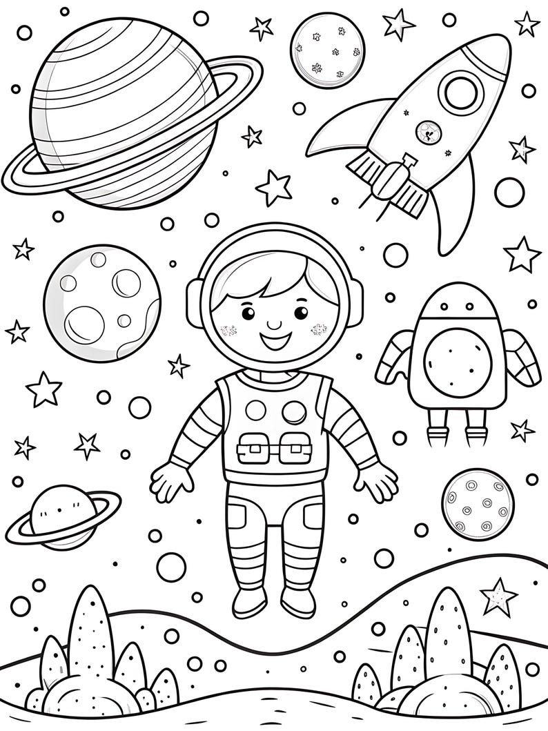 Space Coloring Pages for Kids: Rocket, Planet, Astronaut (printable PDF ...