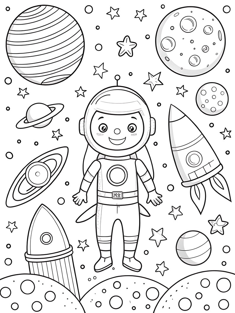 Space Coloring Pages for Kids: Rocket, Planet, Astronaut (printable PDF ...