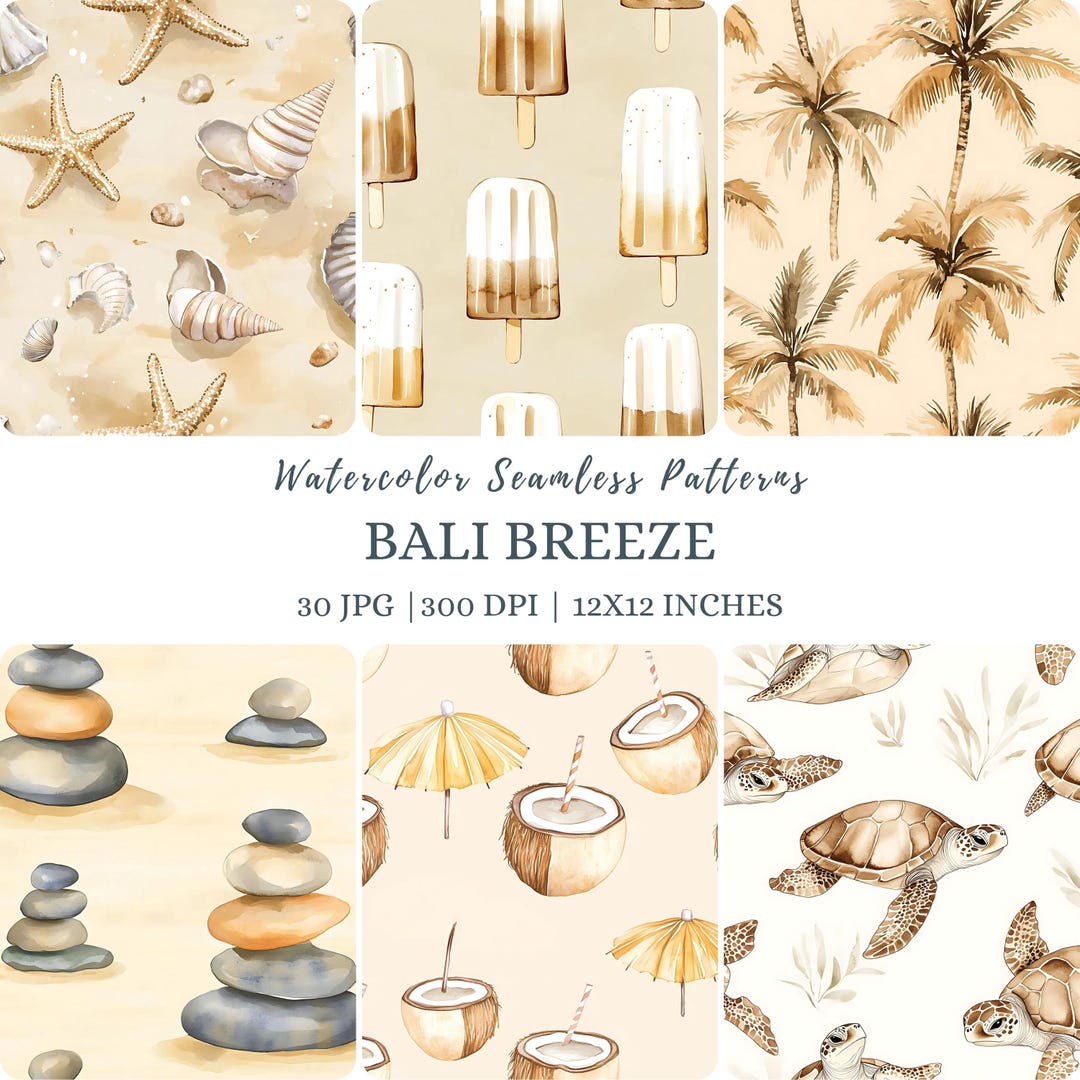 Watercolor Coastal Seamless Pattern: Neutral Beach Designs (JPEG ...