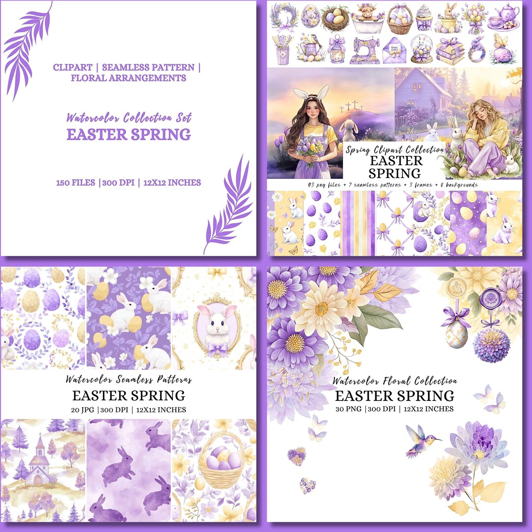 Watercolor Easter Clipart Bundle Set, Easter Bunny PNG, Pastel Easter ...