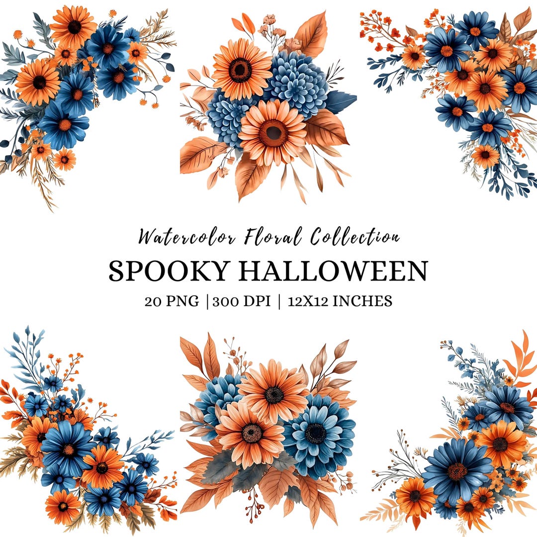 Watercolor Halloween Floral Clipart: Spooky Blue Flower PNG (digital ...