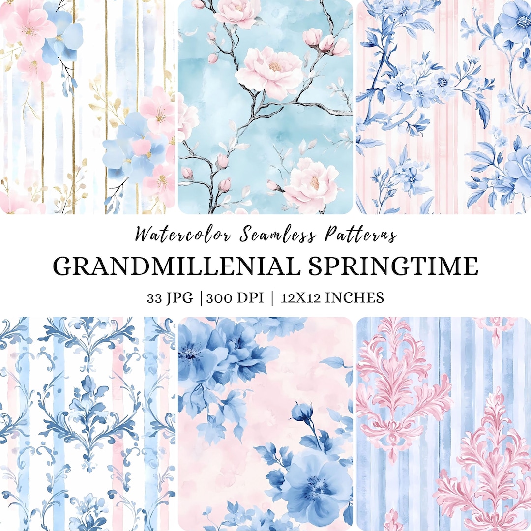 Watercolor Grandmillennial Seamless Patterns, Pastel Floral JPEG ...