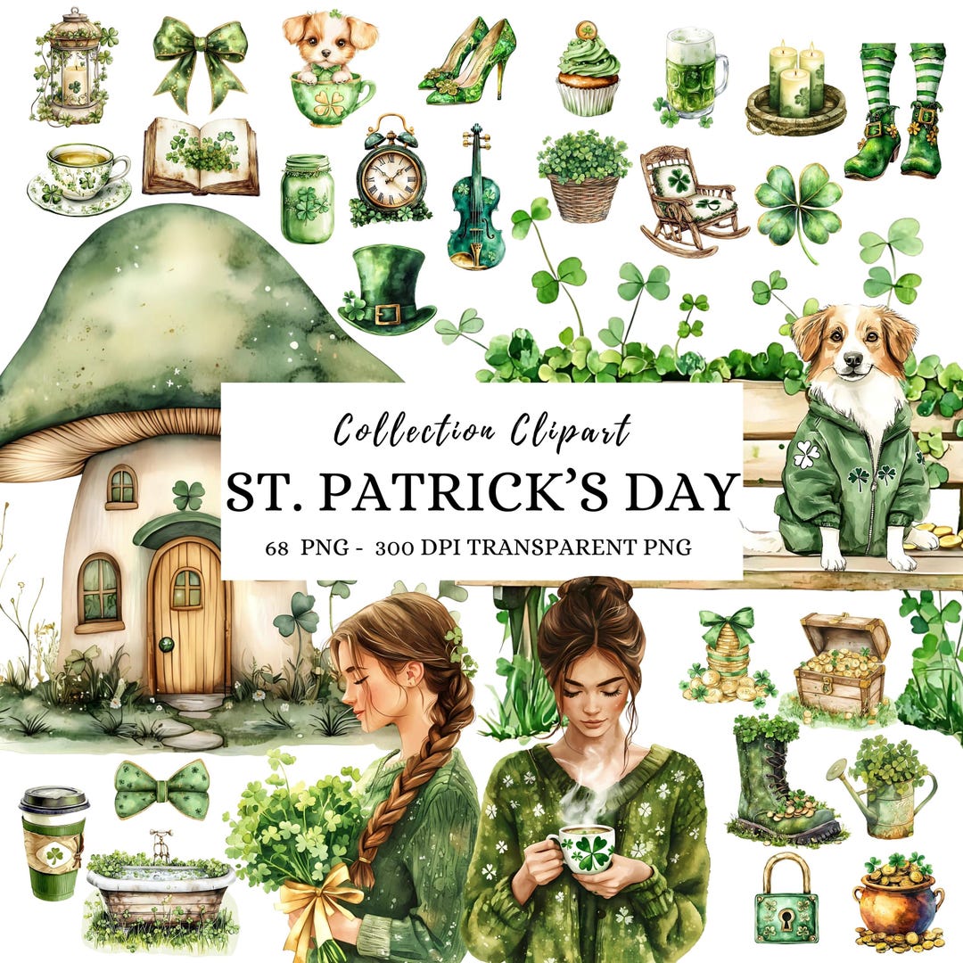 Watercolor St Patricks Day Clipart: Shamrock & Clover PNG (commercial ...