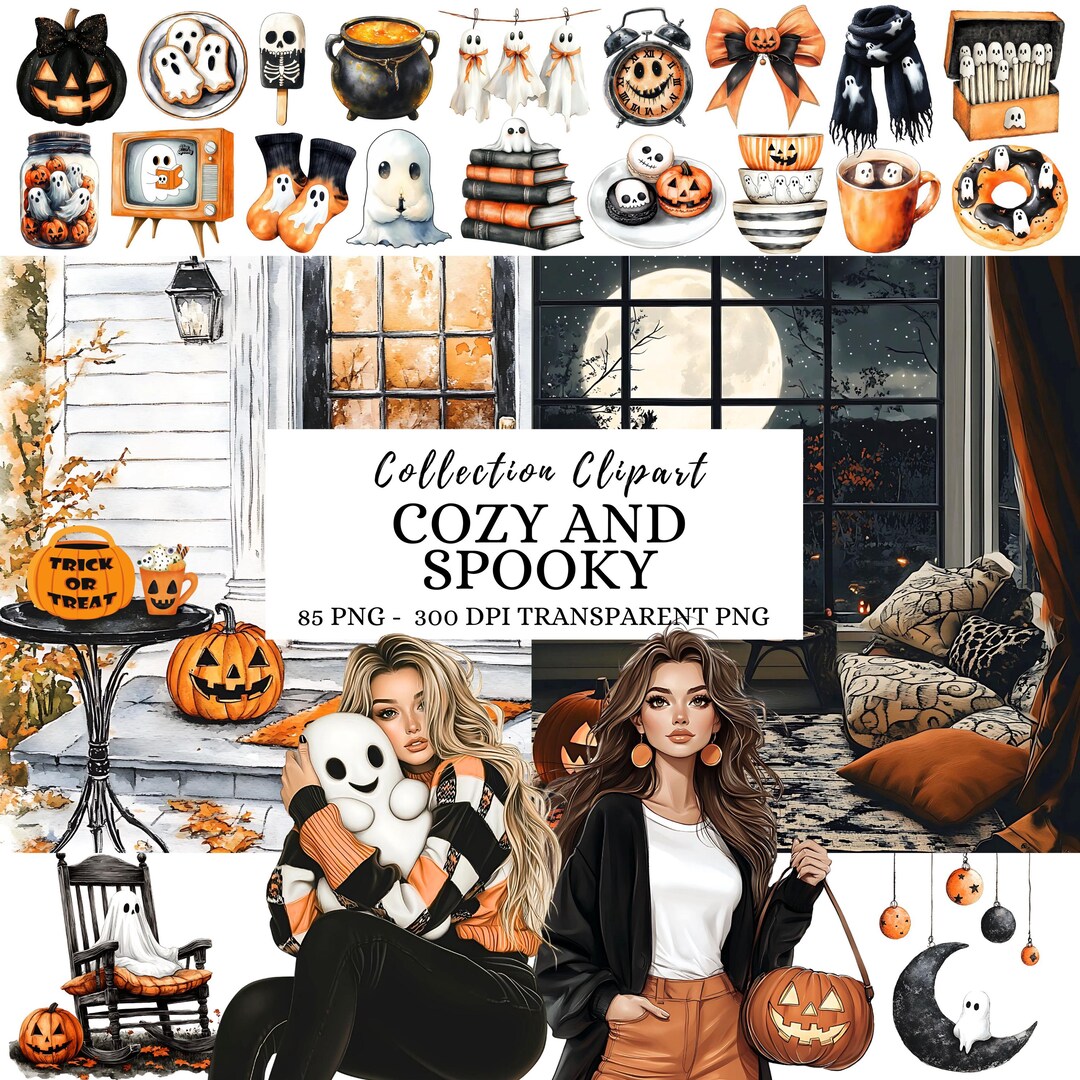 Watercolor Cozy Halloween Clipart, Cute Fall Halloween Png, Ghost ...