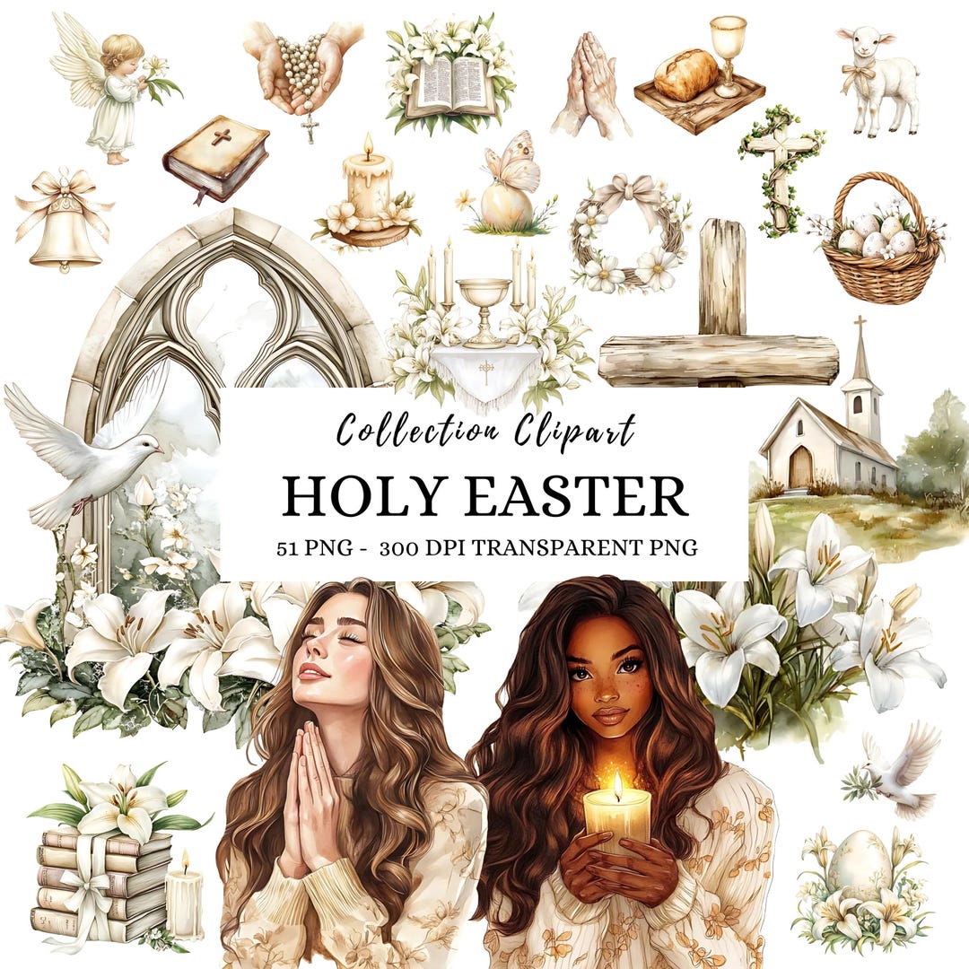 Watercolor Christian Easter Clipart: 51 PNG Religious Designs, Holy ...
