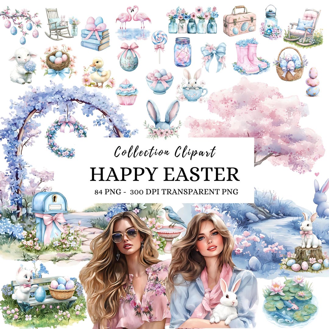 Watercolor Easter Clipart: Bunny, Eggs, Pastel Spring Flowers (digital ...