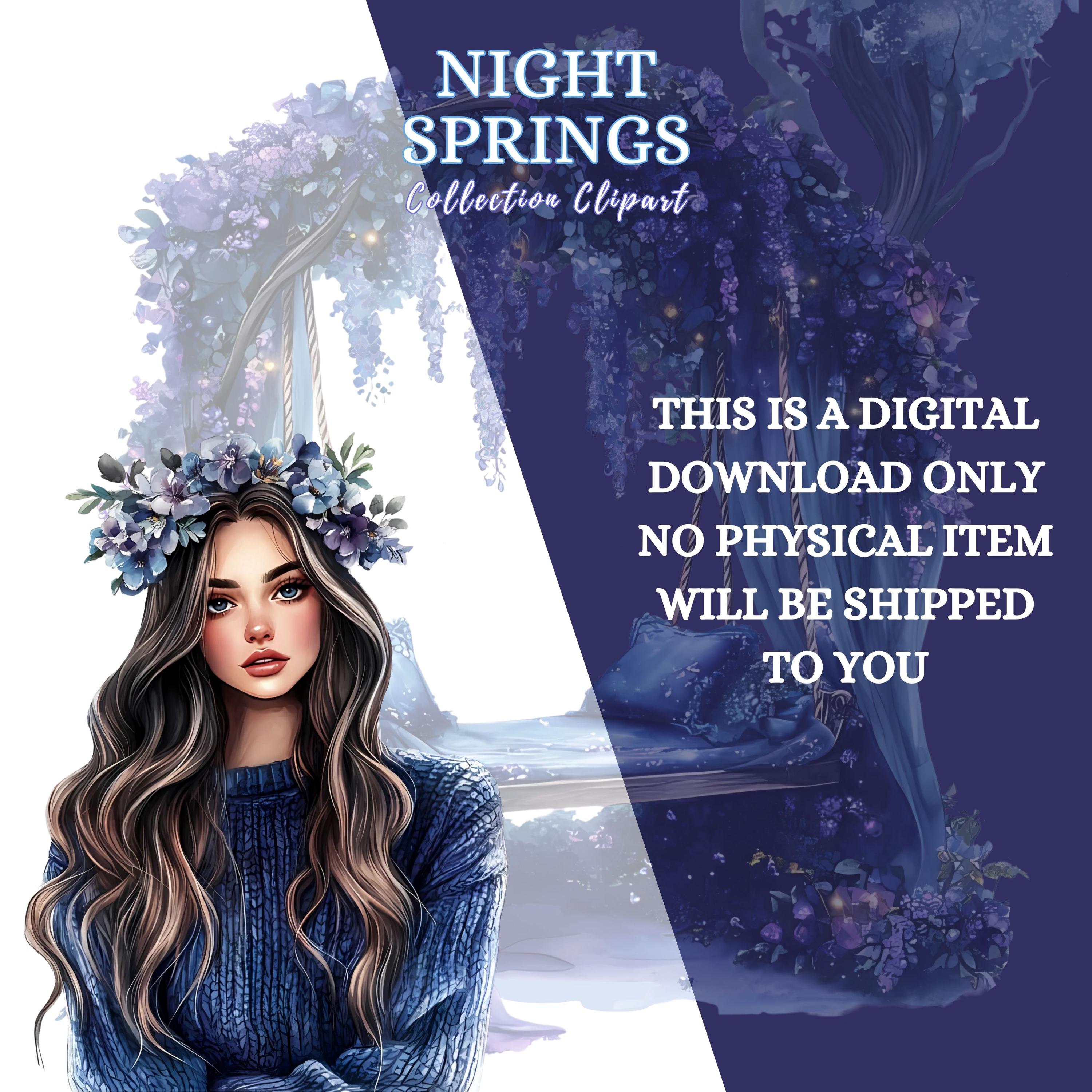Watercolor Night Springs Clipart, Night Garden Clip Art, Mystical ...