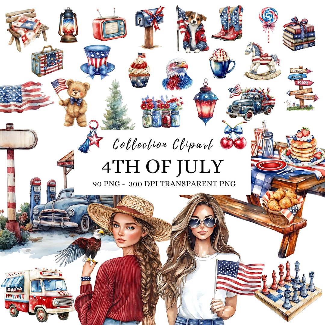 Watercolor 4th of July Clipart, Independence Day, USA Illustrations, 90 ...