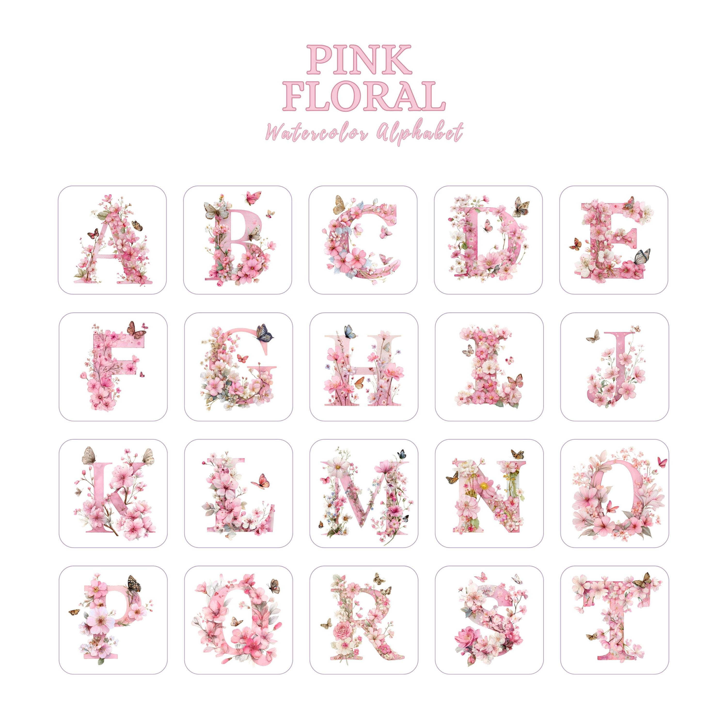 Watercolor Pink Floral Alphabet Clipart, English Alphabet Png, Blush ...