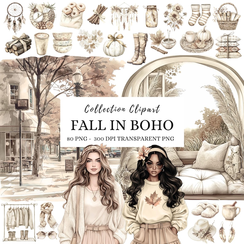 Watercolor Fall Clipart: Boho Autumn PNG Graphics, Cozy Neutral Vibe ...