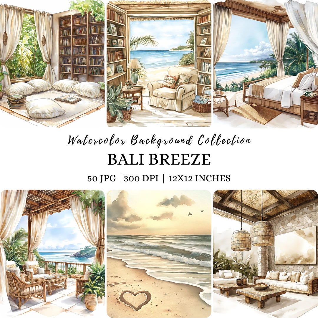 Watercolor Coastal Summer Clipart, Tropical Beach Scene Clip Art, Ocean ...