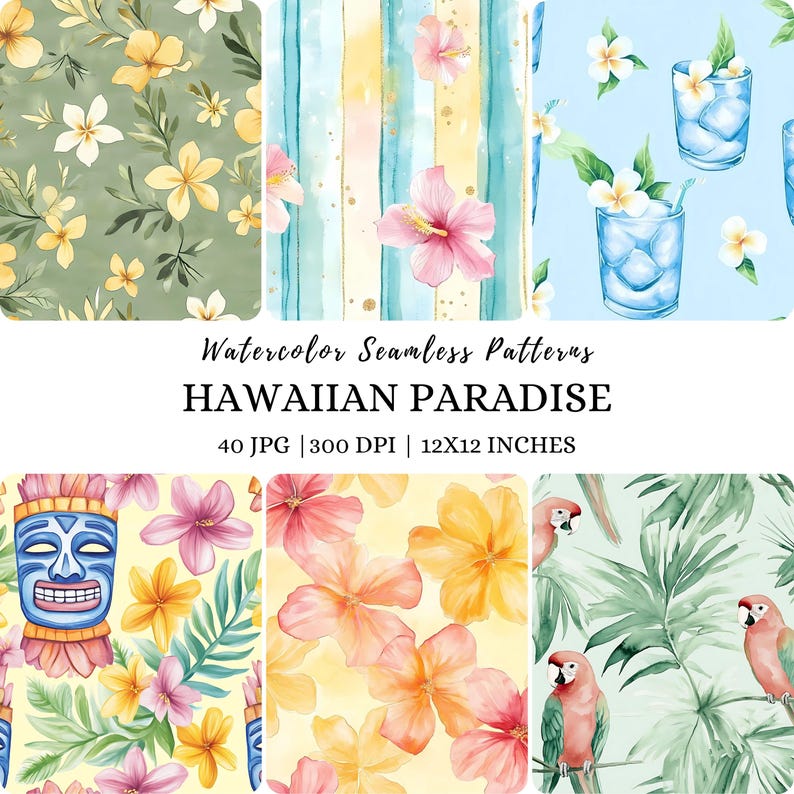 Watercolor Hawaiian Seamless Pattern: Tropical Aloha Digital Paper ...