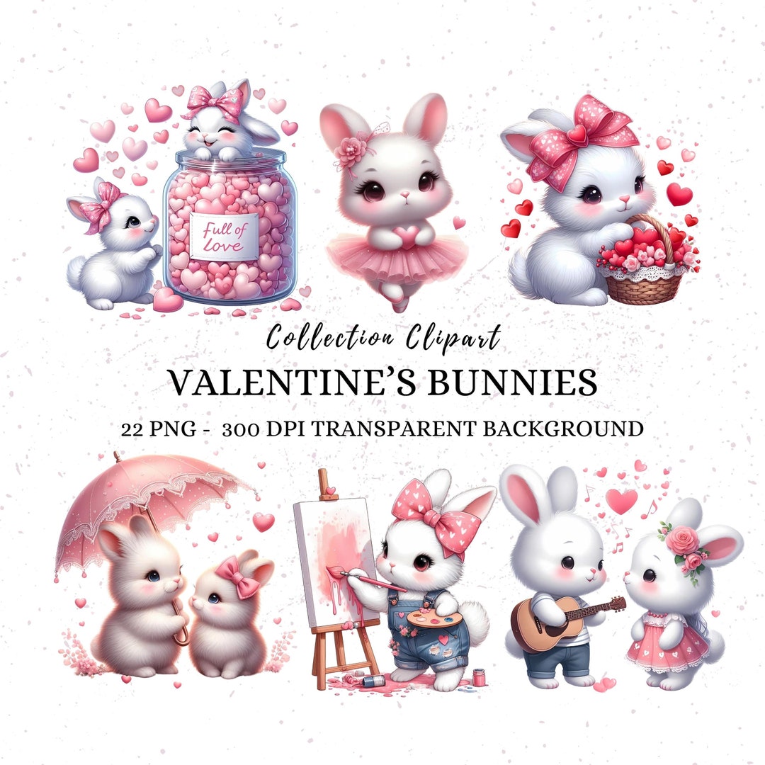Watercolor Valentine Bunnies Clipart, 22 High Quality PNG, Valentines ...