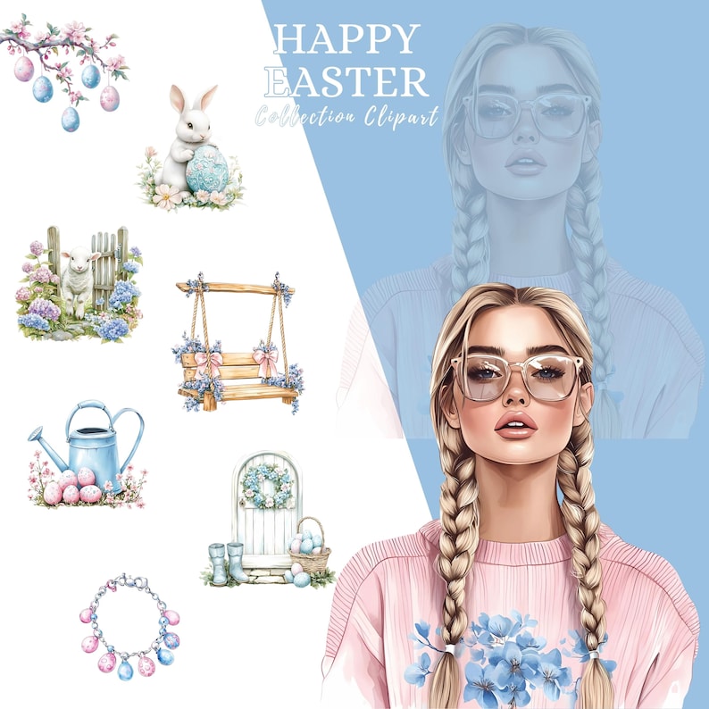 Watercolor Easter Clipart: Bunny, Eggs, Pastel Spring Flowers (digital ...