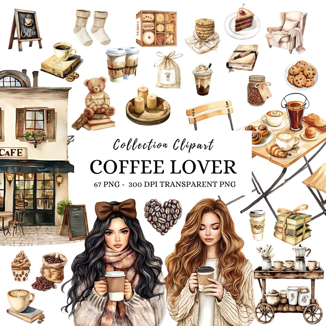 Coffee Clipart Set: Latte Cups, Mugs, and Coffee Time Pngs (digital ...