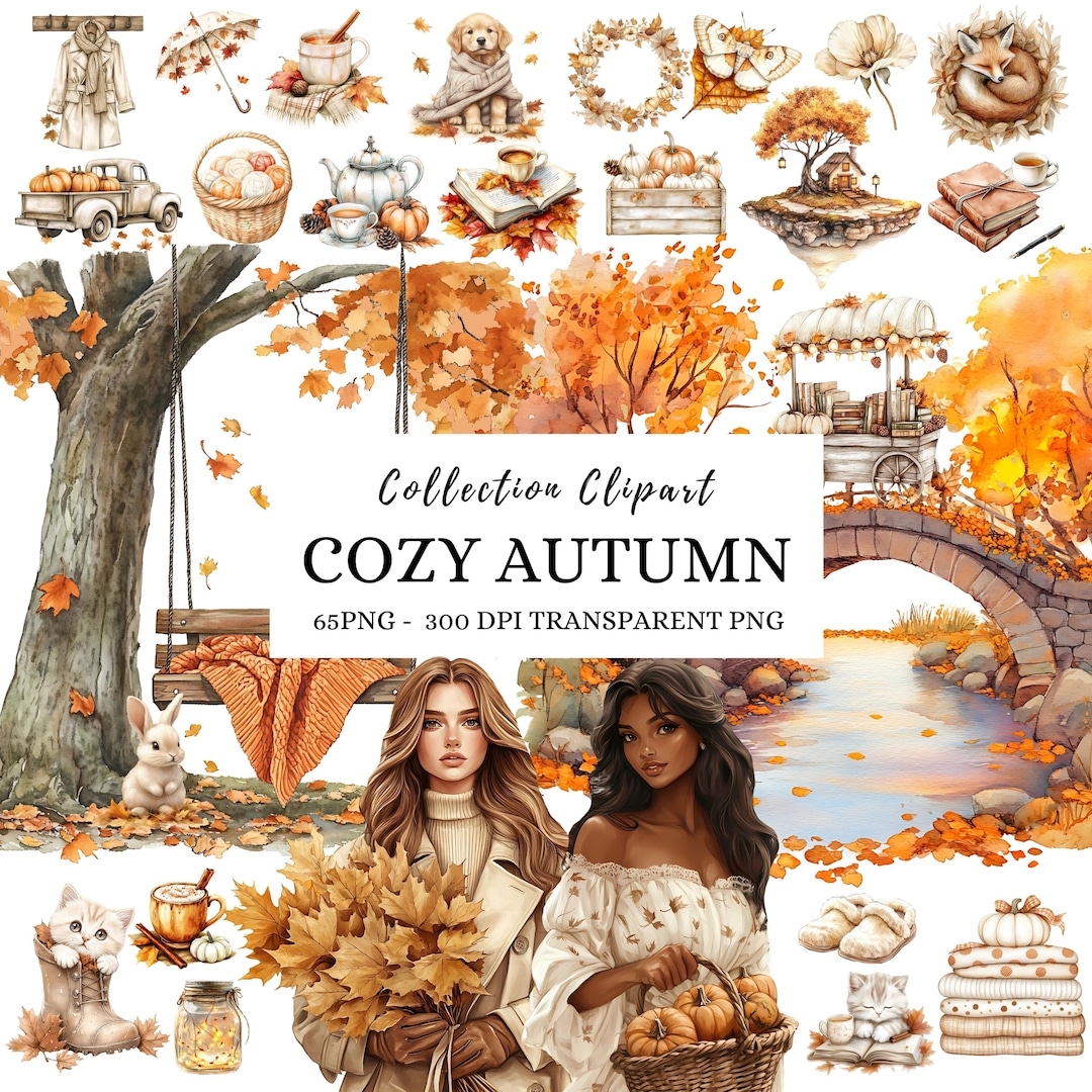 Watercolor Autumn Clipart: Rustic Fall PNG Graphics, Cozy Elements ...