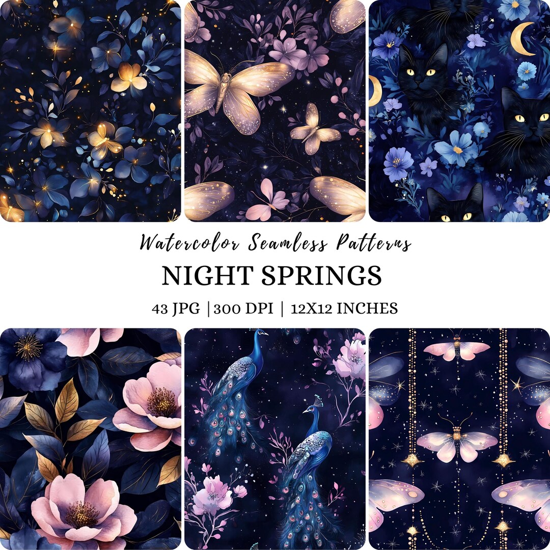 Watercolor Night Garden Seamless Pattern: Mystical Spring Florals ...