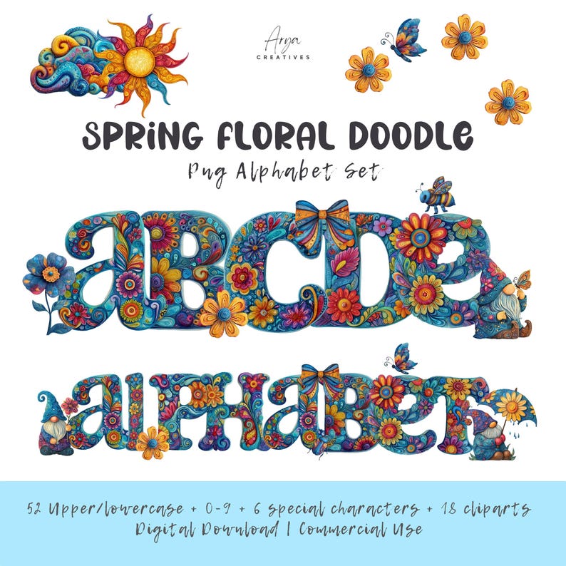 Floral Alphabet Letters PNG Bundle, Spring Doodle Flower Alphabet ...