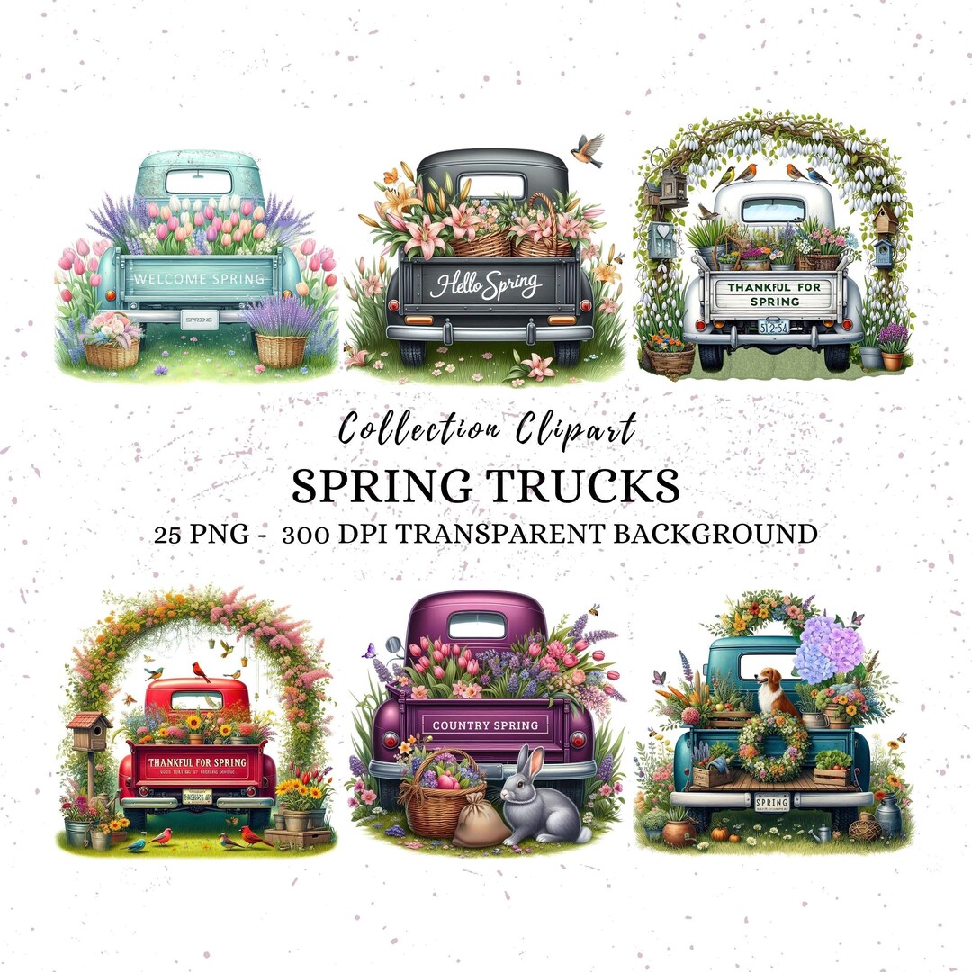 Watercolor Spring Truck Clipart: Flower Truck PNG (commercial Use ...