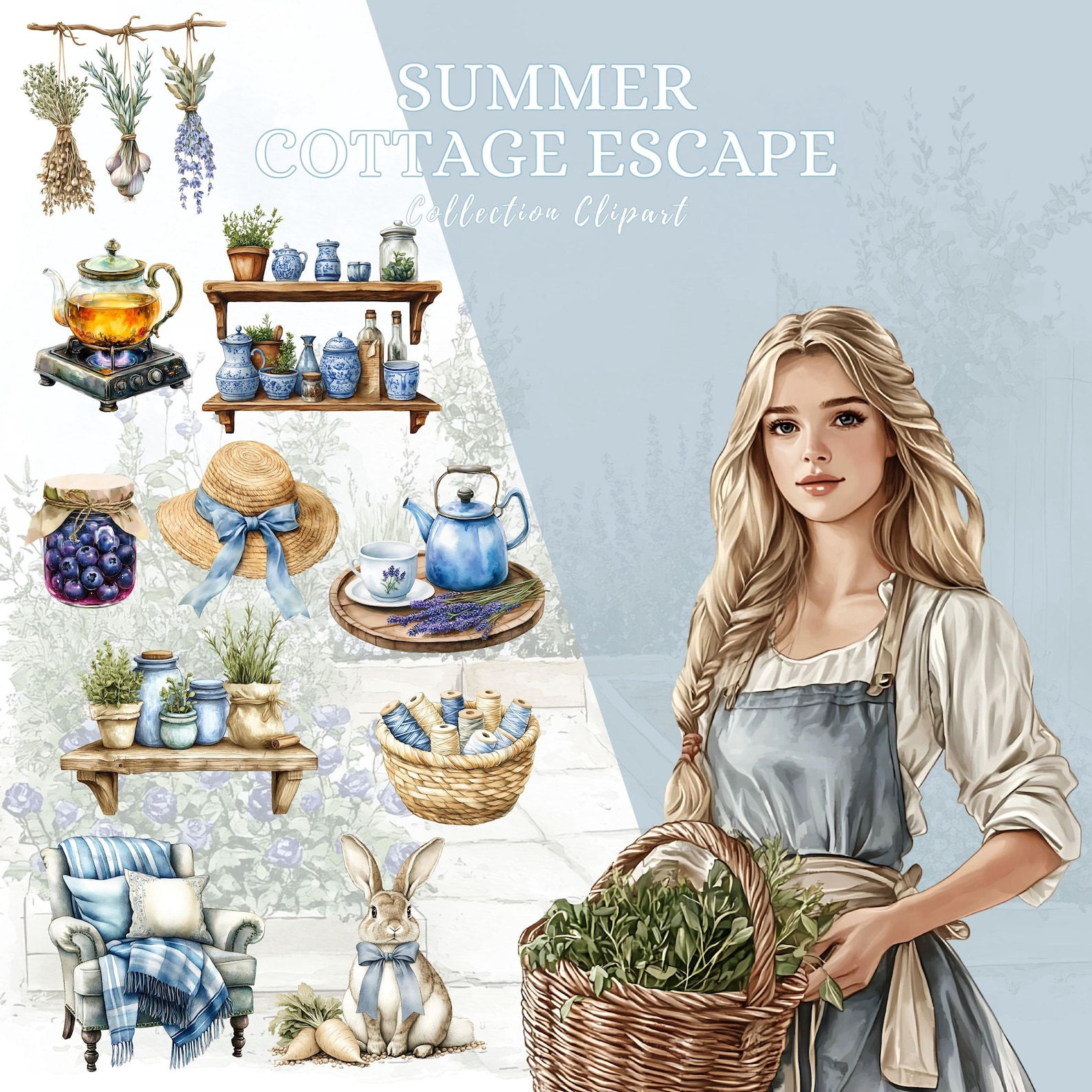 Watercolor Cottagecore Clipart: Rustic Summer PNG Graphics, Countryside ...