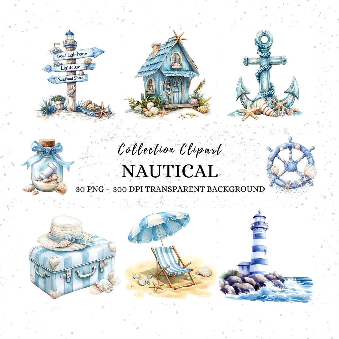 Watercolor Nautical Coastal Clipart, Png Beach Clipart, Summer Beach ...
