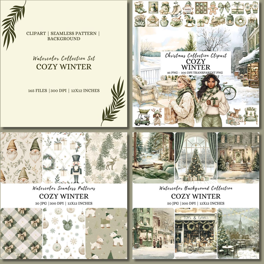 Watercolor Cozy Winter Clipart Bundle: Christmas PNG Graphics (digital ...