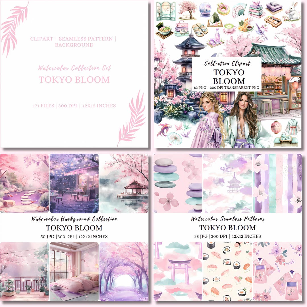 Watercolor Japanese Clipart Bundle: Kimono, Cherry Blossom, Scenery ...