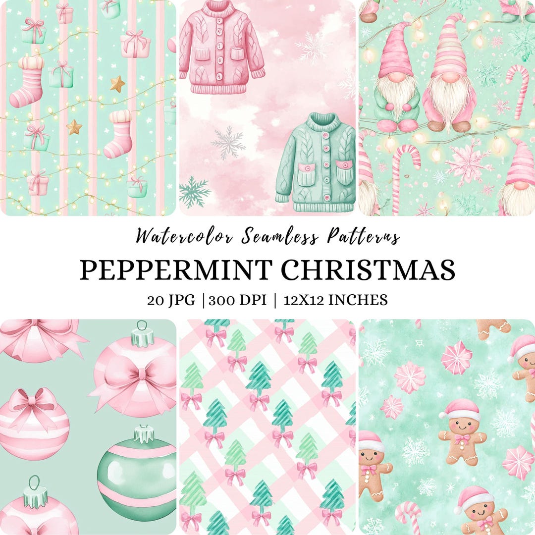 Watercolor Peppermint Christmas Patterns, Cozy Winter Seamless, Preppy ...