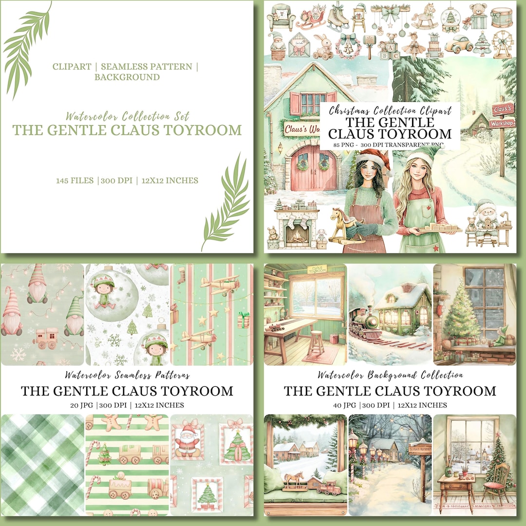Watercolor Santas Workshop Clipart Bundle, Cute Christmas Clipart, Cozy ...