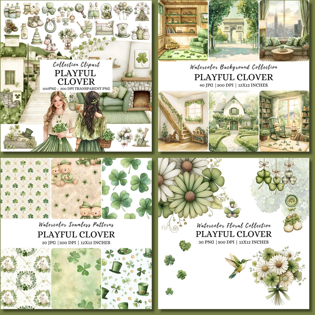 Watercolor Clover Clipart Bundle, St Patrick's Day Graphics (PNG, JPG ...