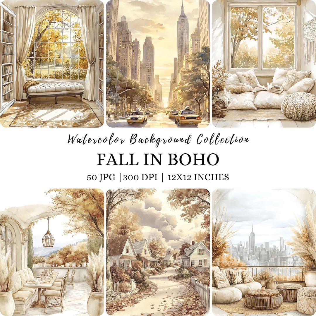 Watercolor Autumn Landscape Graphics, Boho Fall Scenes (digital ...