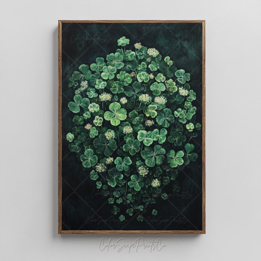 St Patrick's Day Print Shamrock Painting Four Leaf Clover Print Dark ...