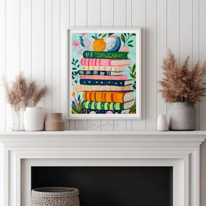 Pastel Book Stack Wall Art Floral Bookshelf Print Cozy Reading Nook ...