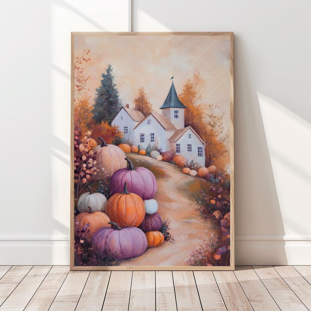 Fall Village Folk Art Print Autumn Cottage Art Cozy Fall Printable Art ...