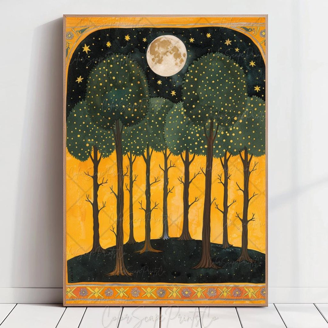 Moon & Stars Wall Art Magical Forest Print Enchanted Landscape Painting ...