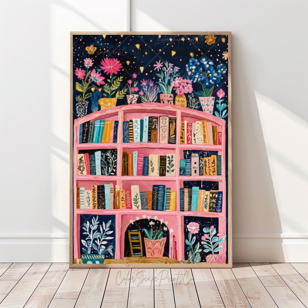 Whimsical Bookshelf Print Book Stack Painting Botanical Bookshelf Print ...