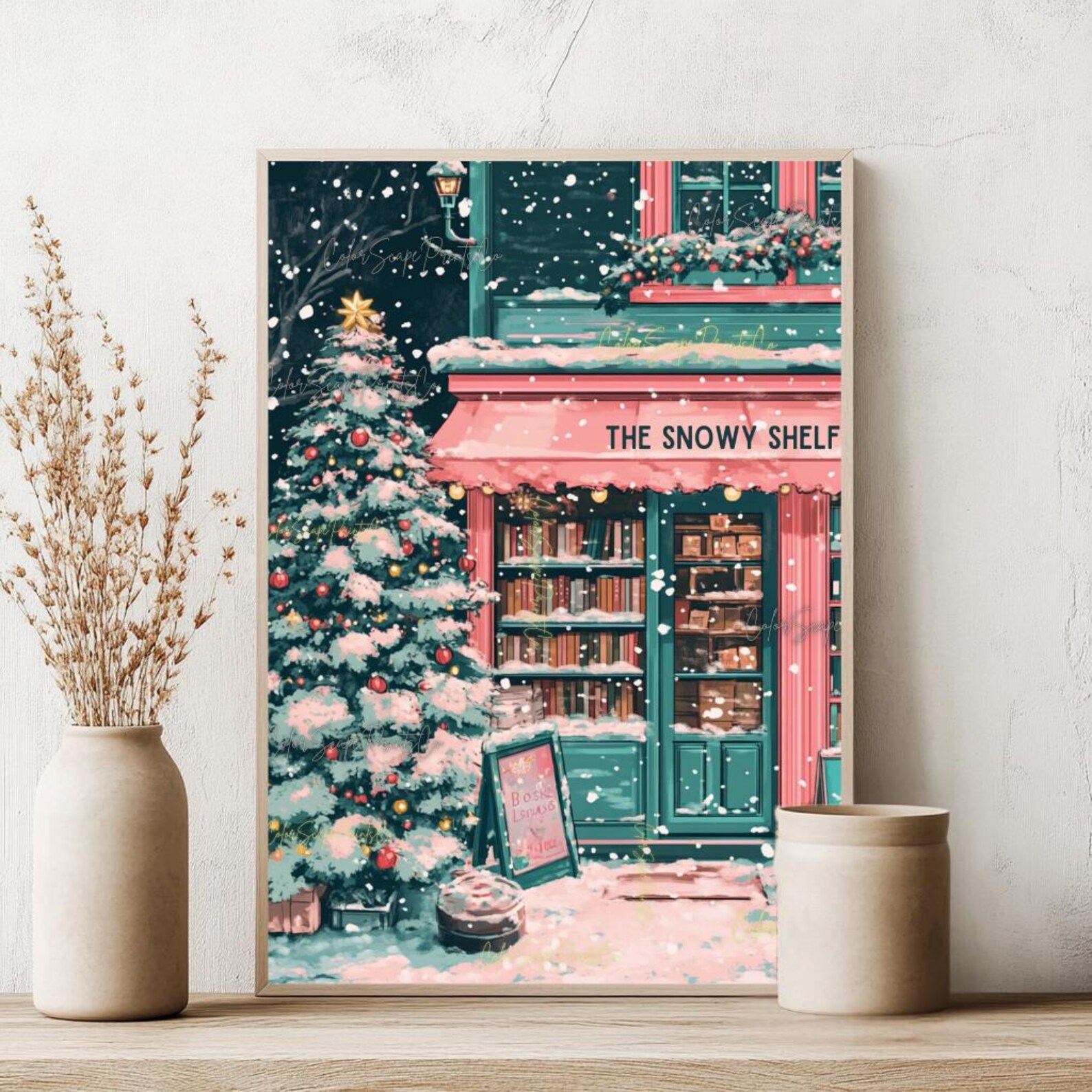 Winter Bookstore Art Print Anime Style Bookshop Print NYC Pink ...