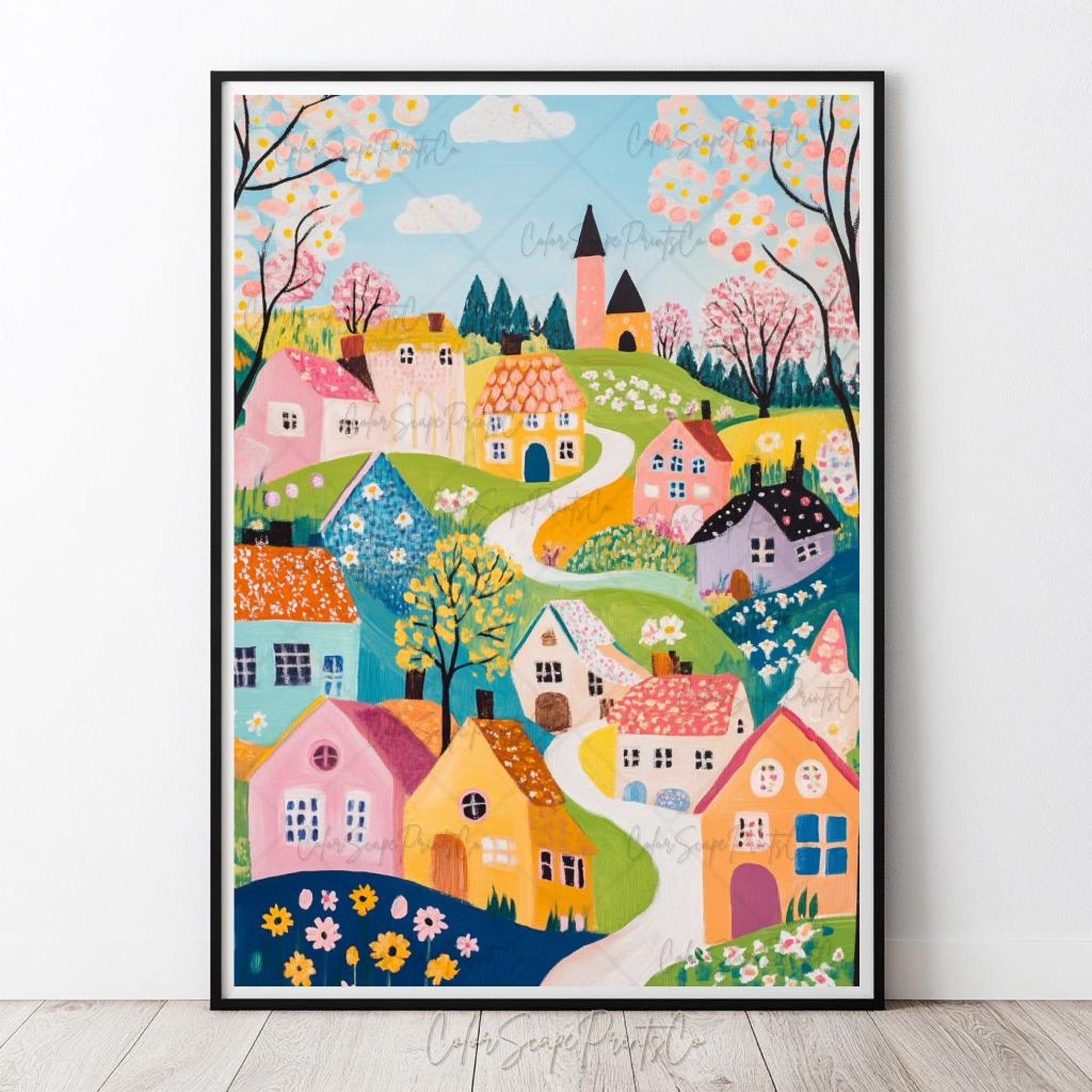 Colorful Spring Village Wall Art Easter Village Print Countryside ...